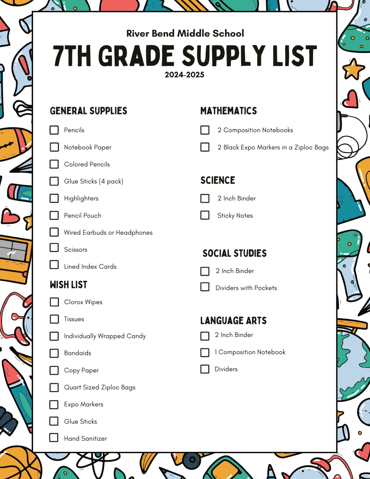 Webb Middle School Supply List