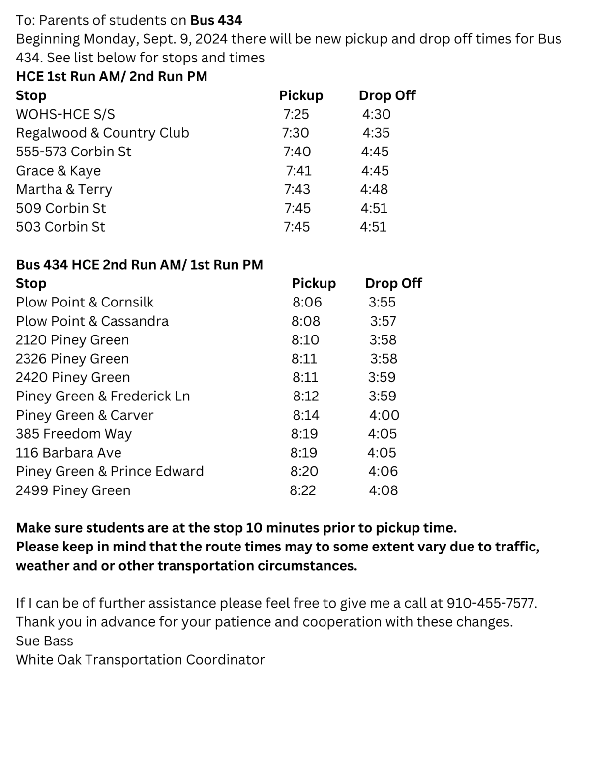 Bus Information - Hunters Creek Elementary School