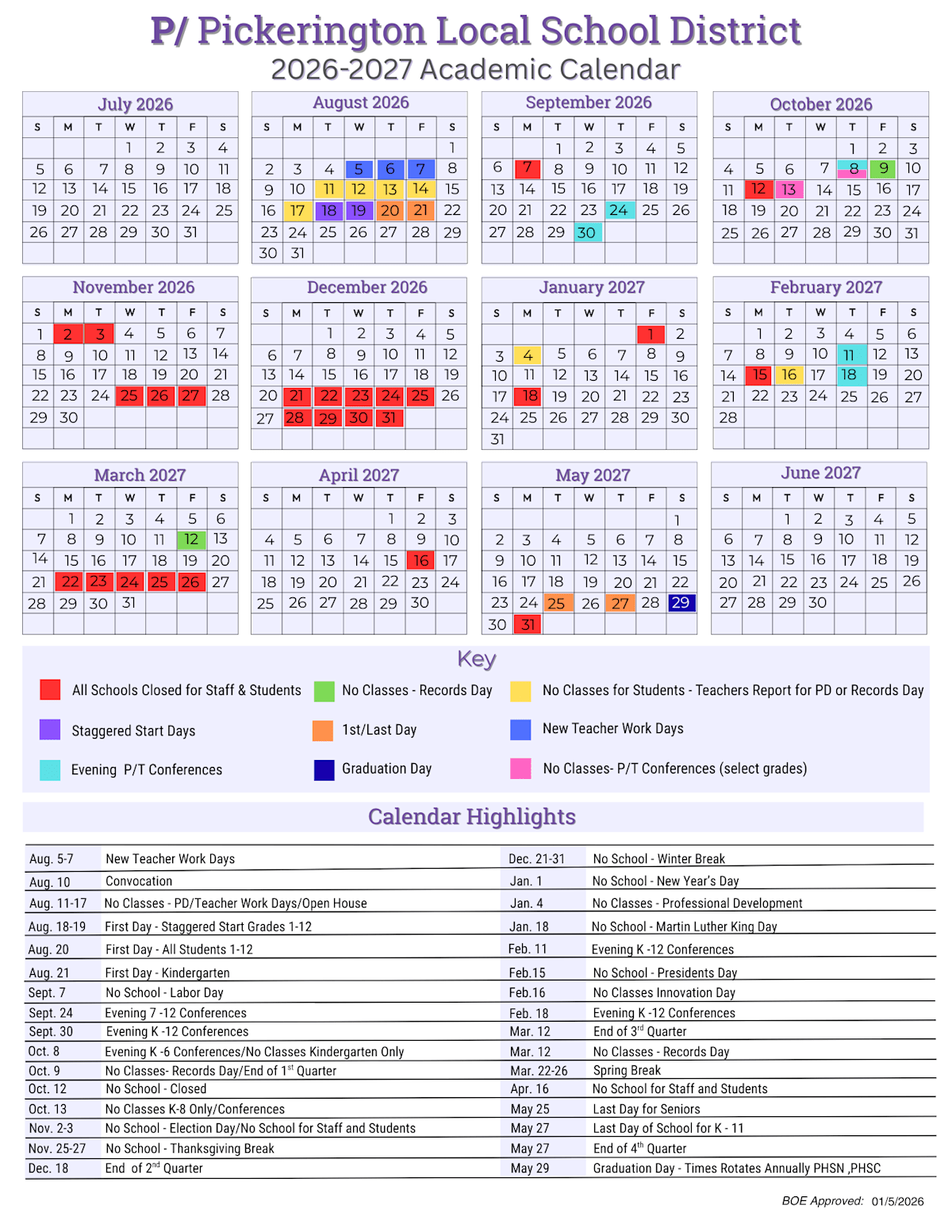 Pickerington School District Calendar 2026-2027 | Download
