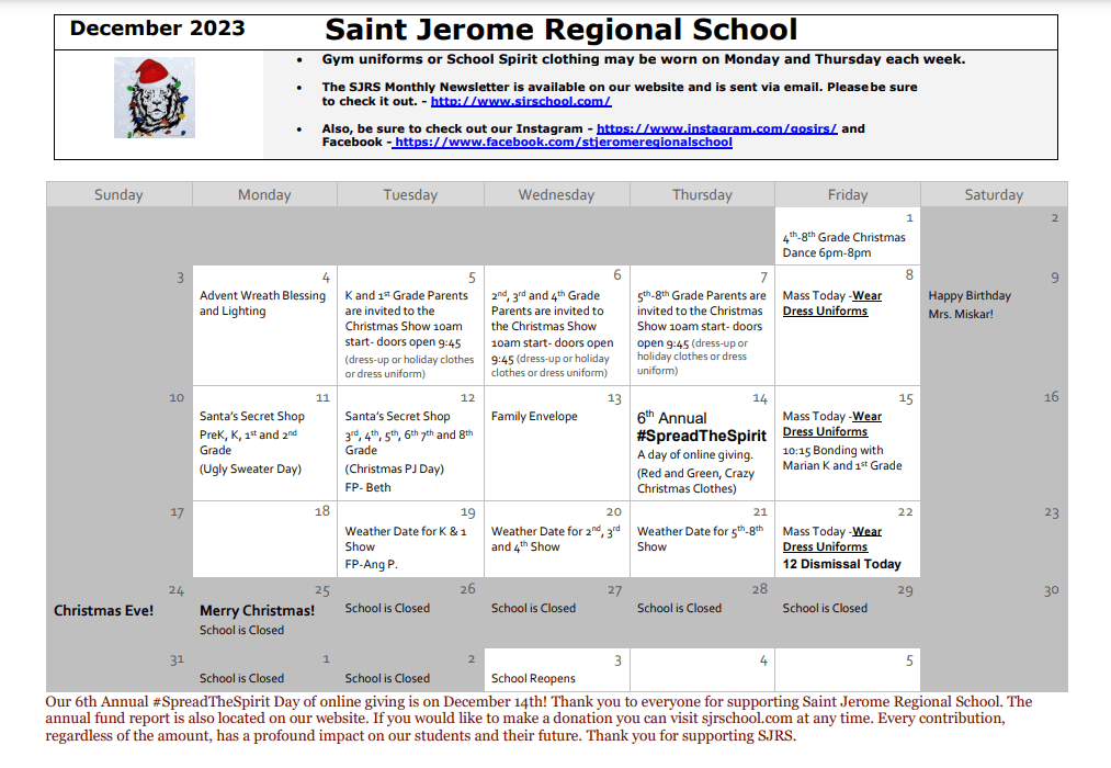 Monthly Calendar - St. Jerome Regional School