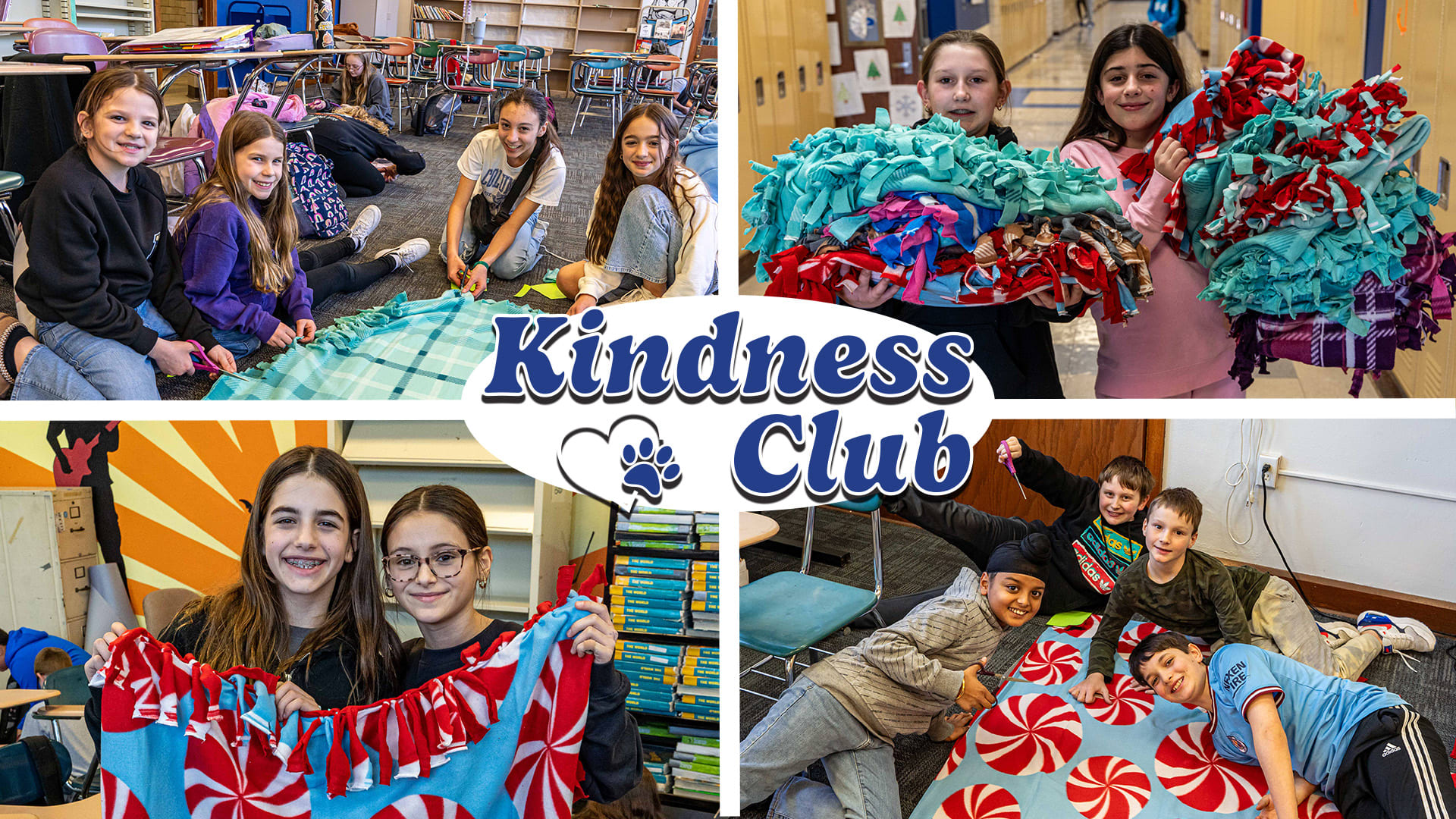 Students holding tie blankets