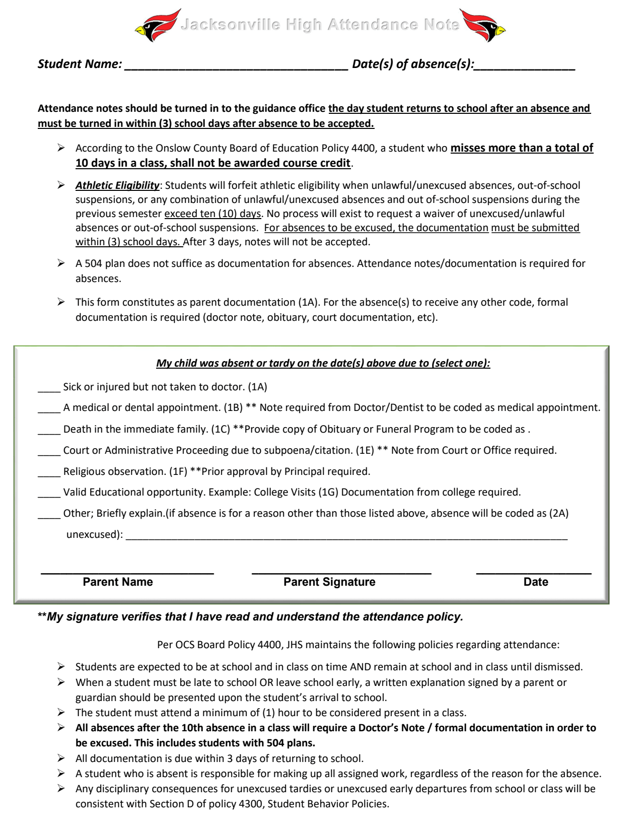 Attendance Note - Jacksonville High School