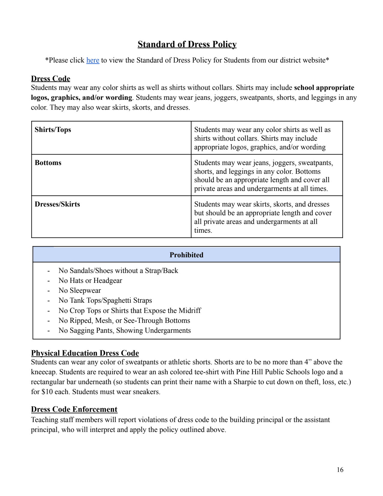 Dress Code - Pine Hill Middle School