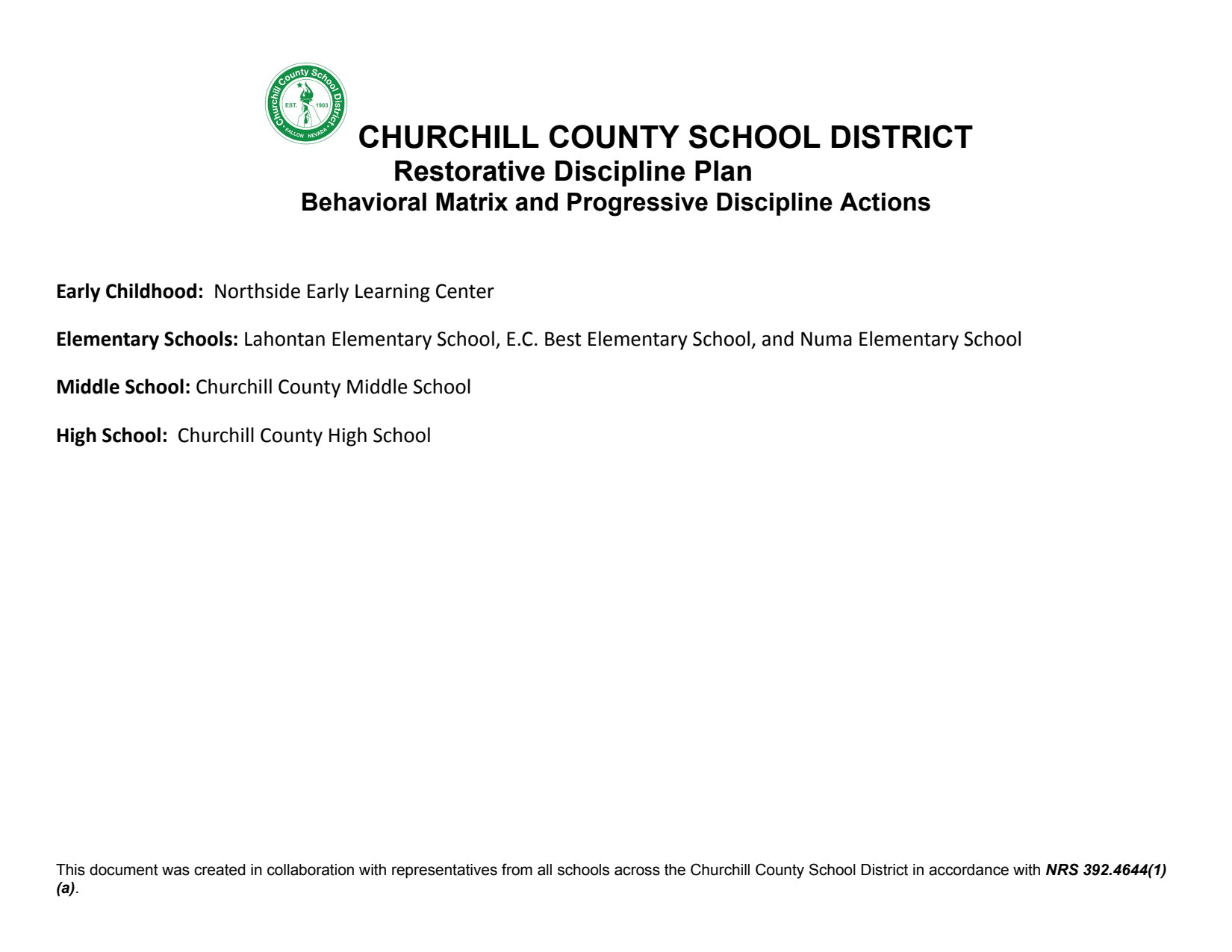 Behavior Matrix and Progressive Discipline Plan - Churchill County ...