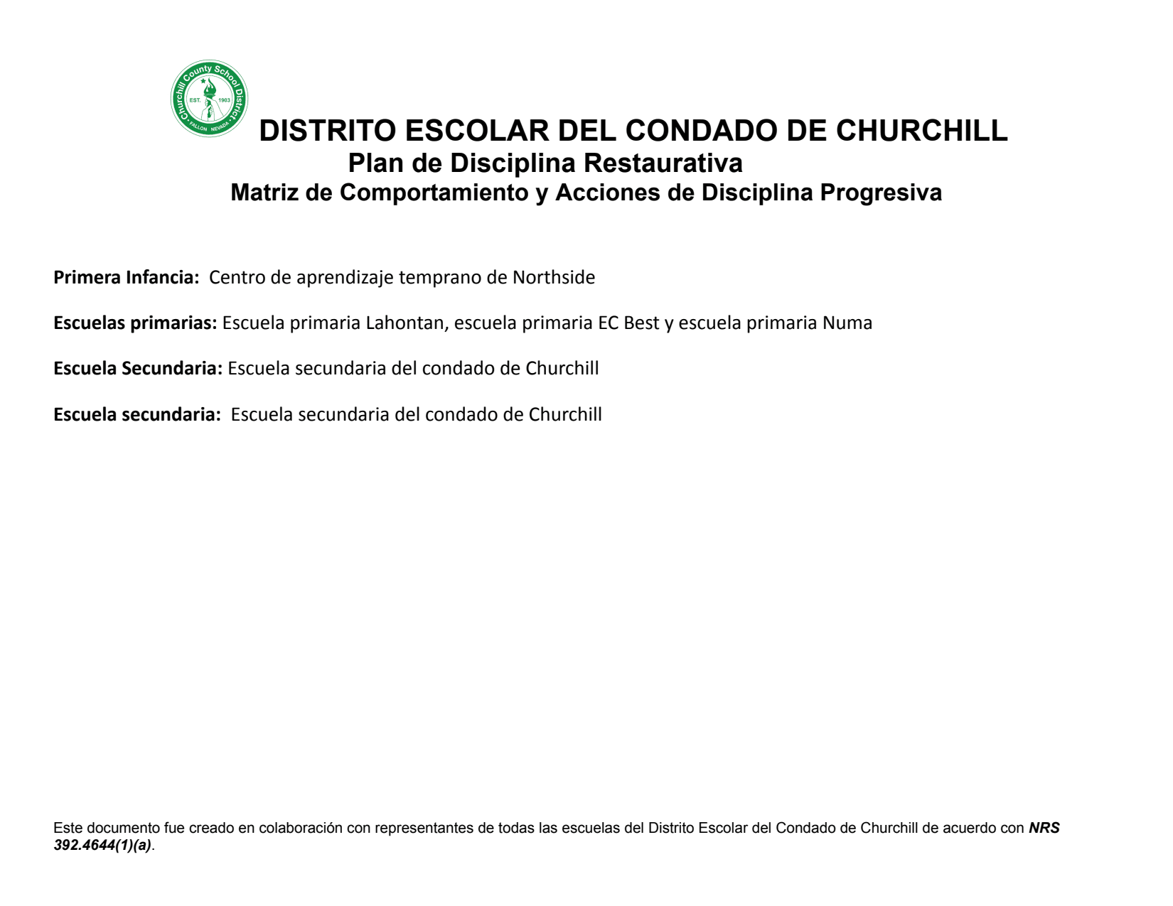 Behavior Matrix and Progressive Discipline Plan - Churchill County ...