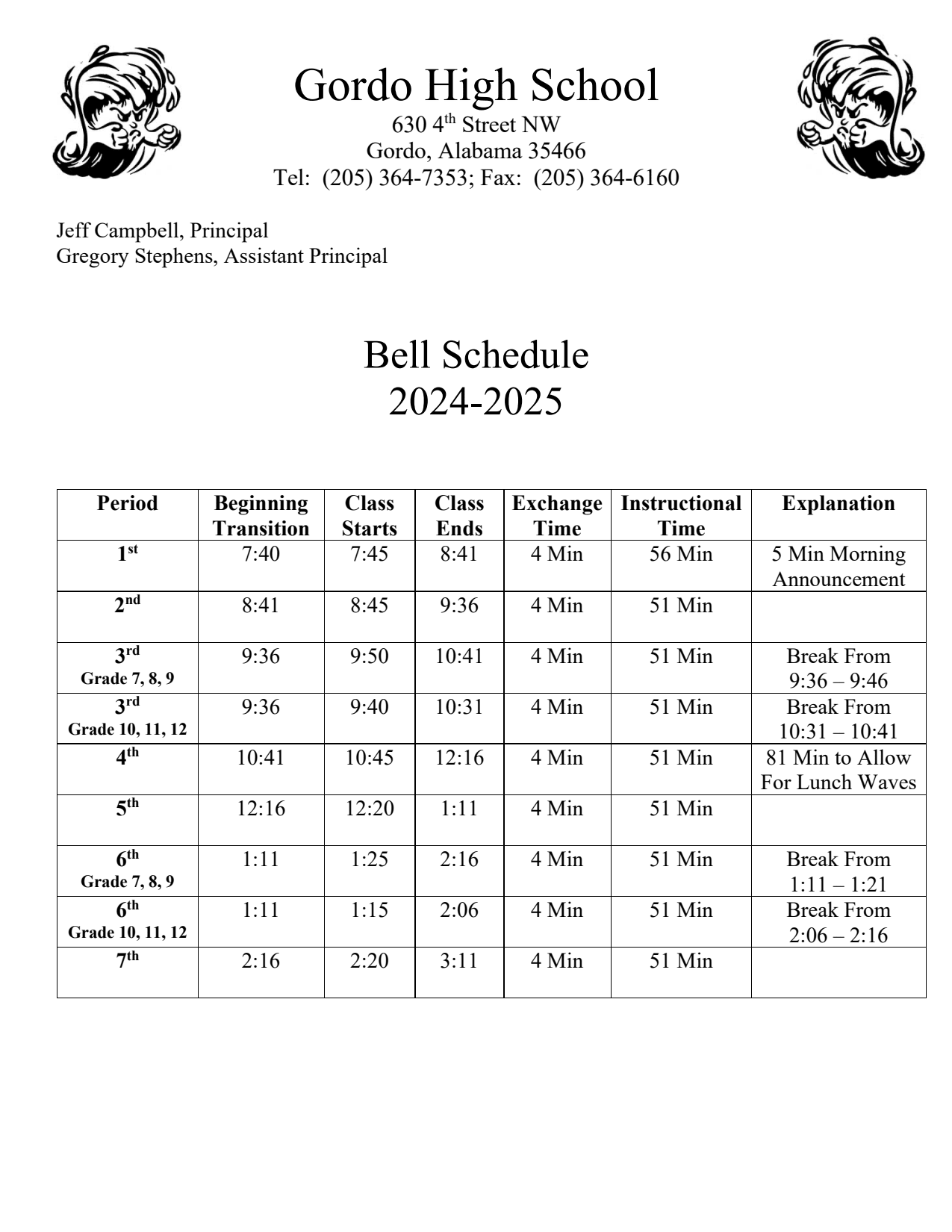 Bell Schedule - Gordo High School