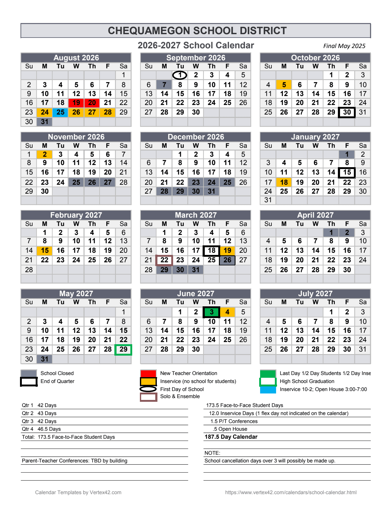 2026-2027 Calendar - Chequamegon High School