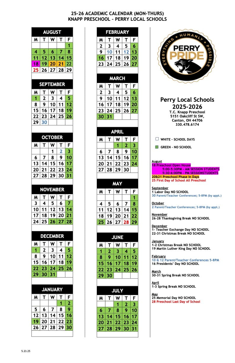 Preschool Learning Calendar