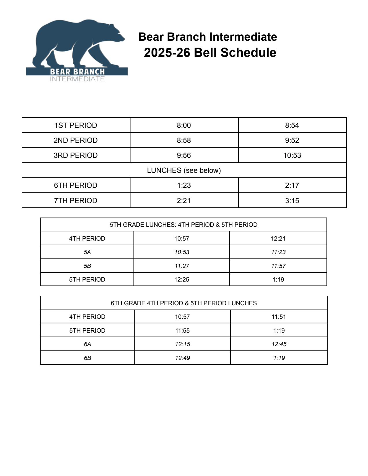 Bell Schedule - Bear Branch Intermediate