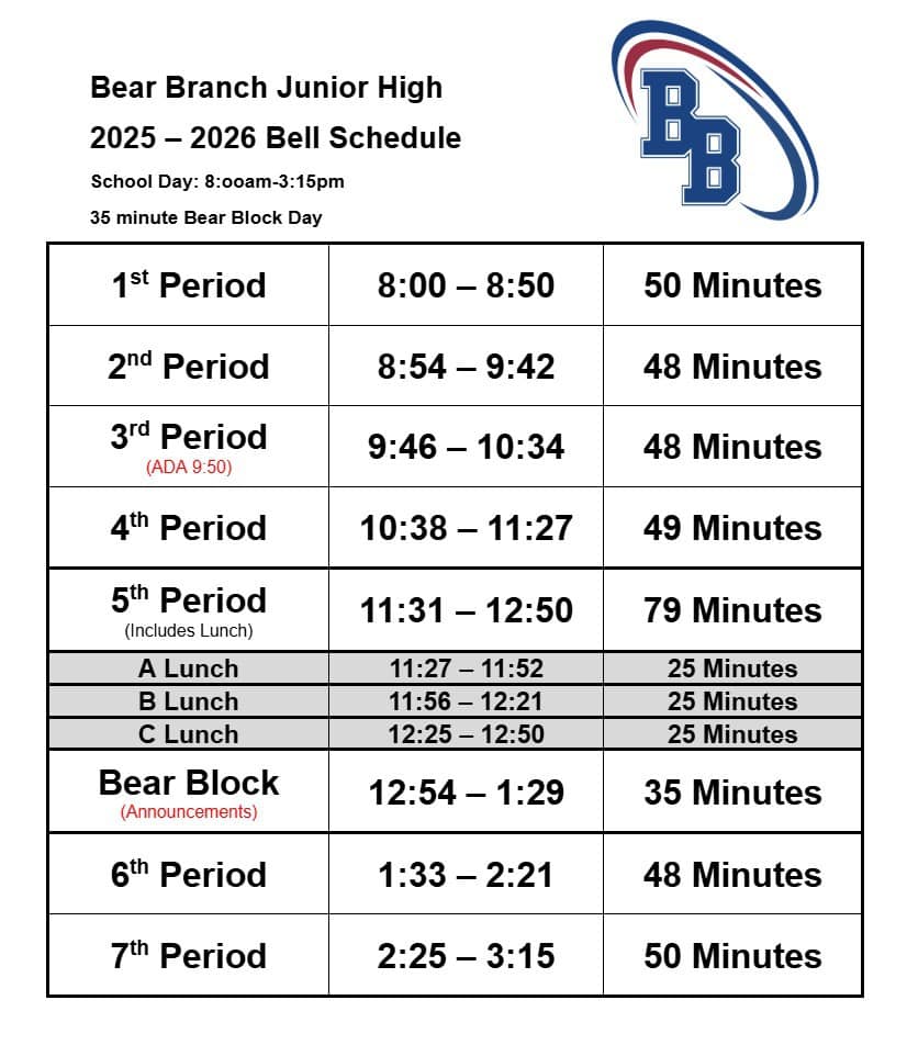 Bell Schedule - Bear Branch Junior High