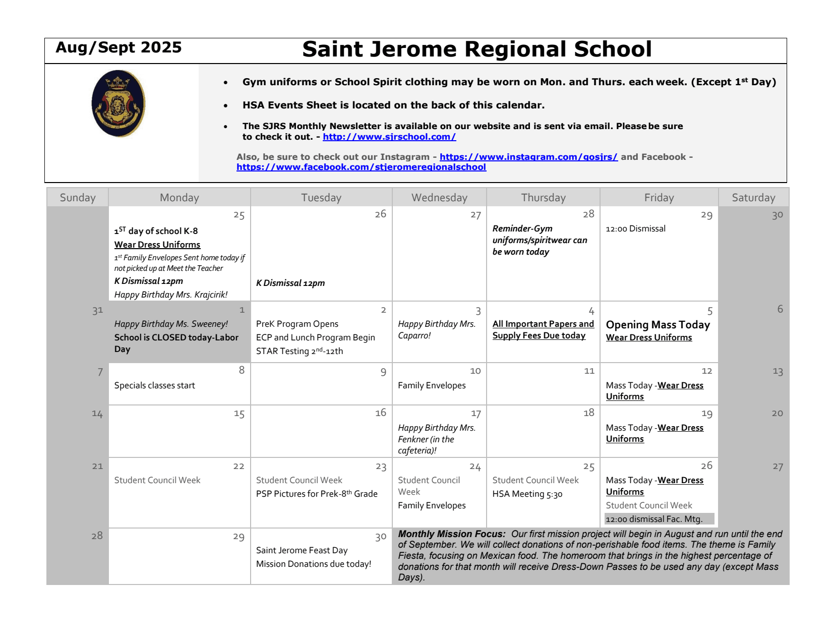 Monthly Calendar - St. Jerome Regional School