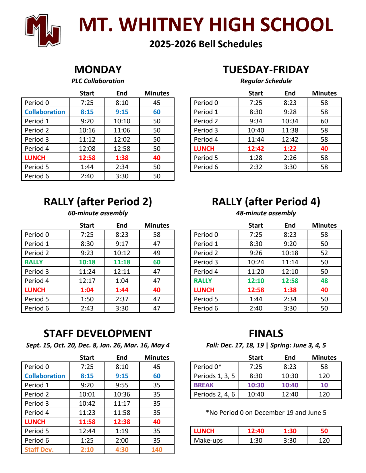 Bell Schedule - Mt. Whitney High School
