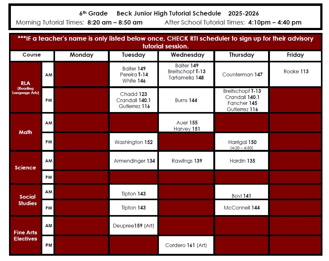 Tutorial Schedule Beck Junior High
