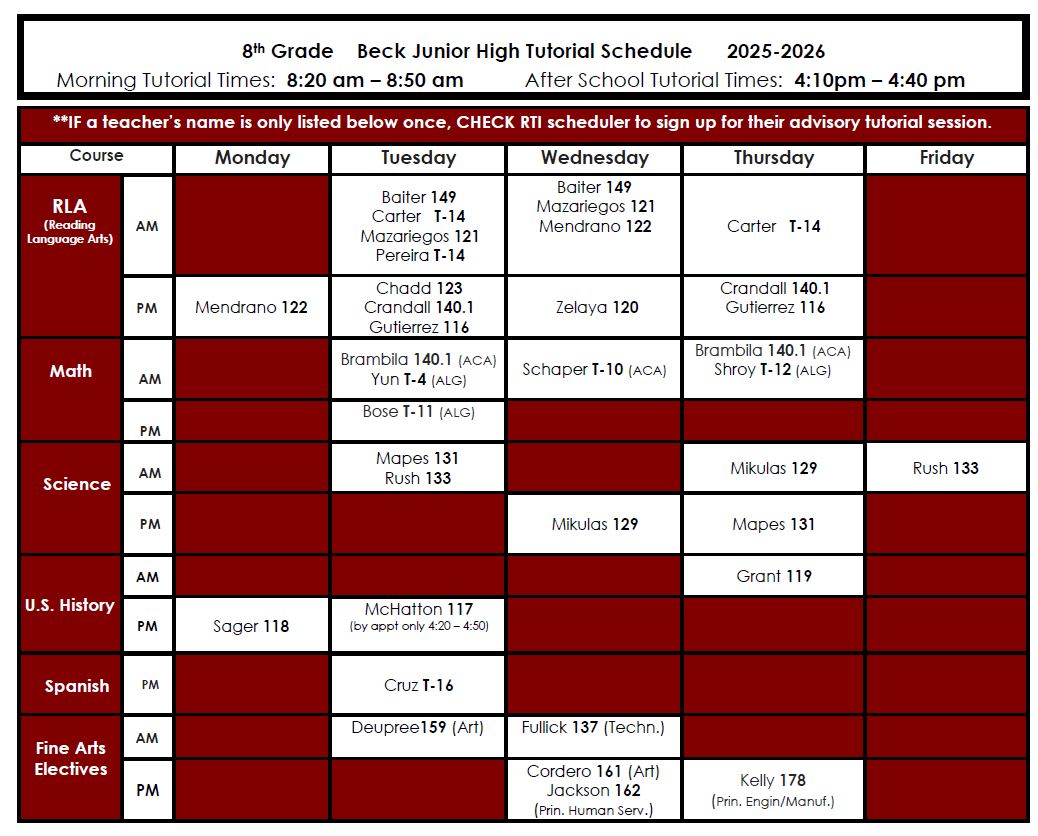 Tutorial Schedule Beck Junior High