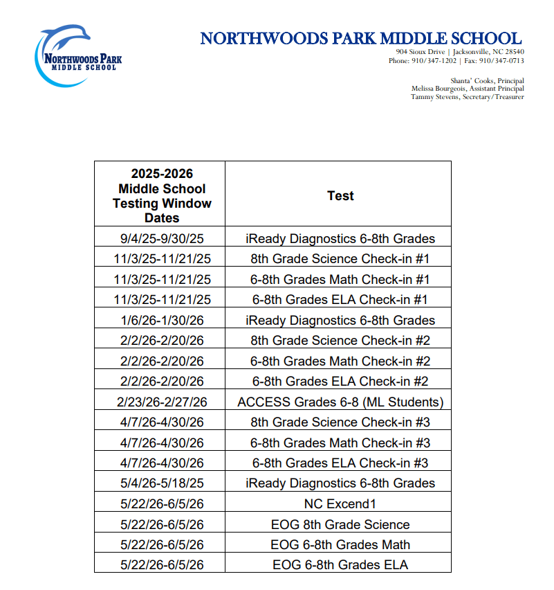 Testing Dates - Northwoods Park Middle School