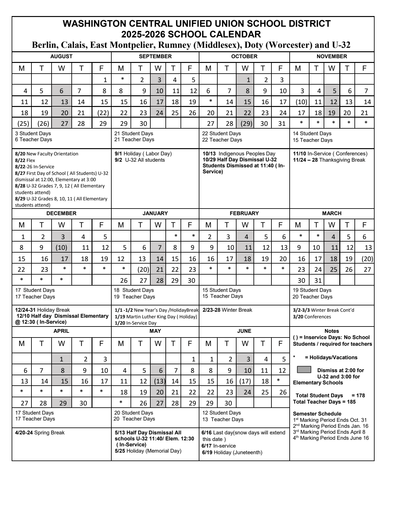 School Year Calendar - U-32 MSHS