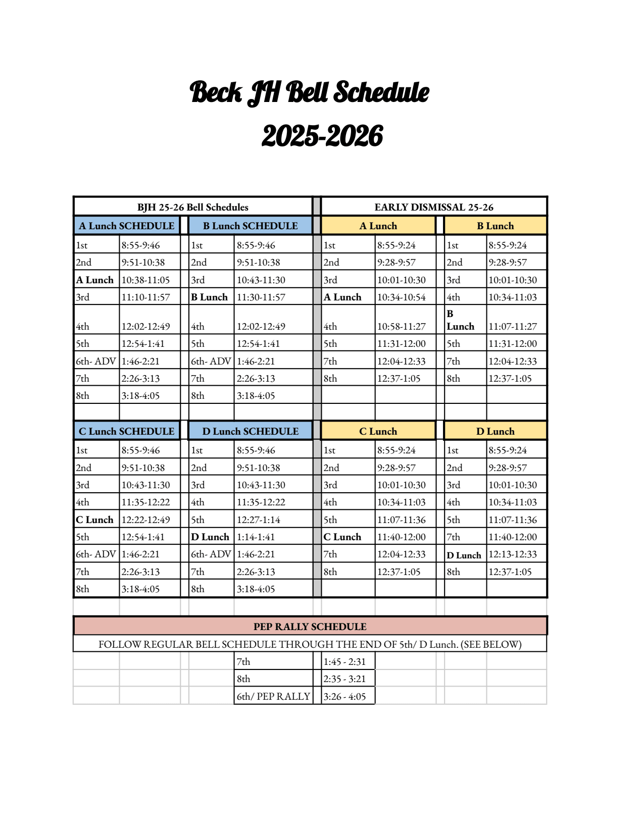 Bell Schedule - Beck Junior High