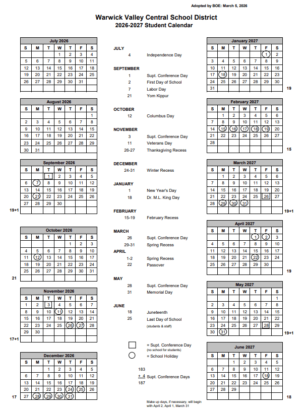 Calendar - Warwick Valley Central School District
