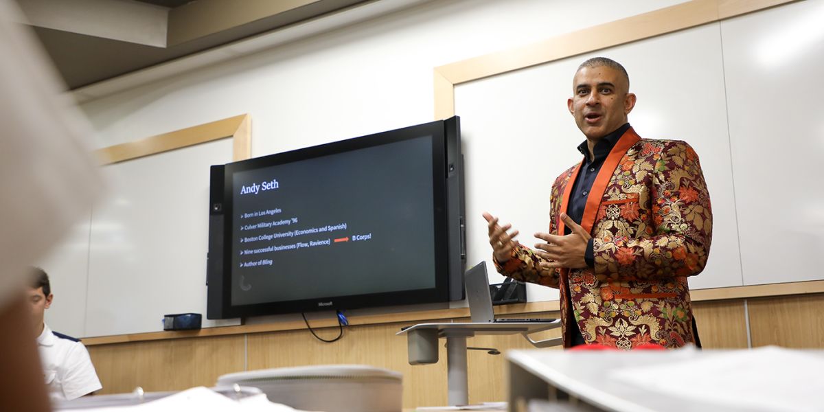 Seth runs workshops for Culver Academies entrepreneur students, telling ...