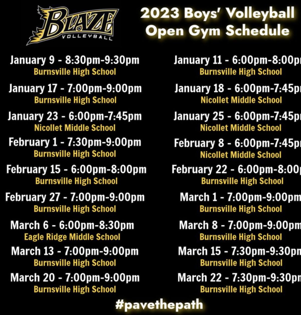 Boys Volleyball has posted open gym schedule | Details