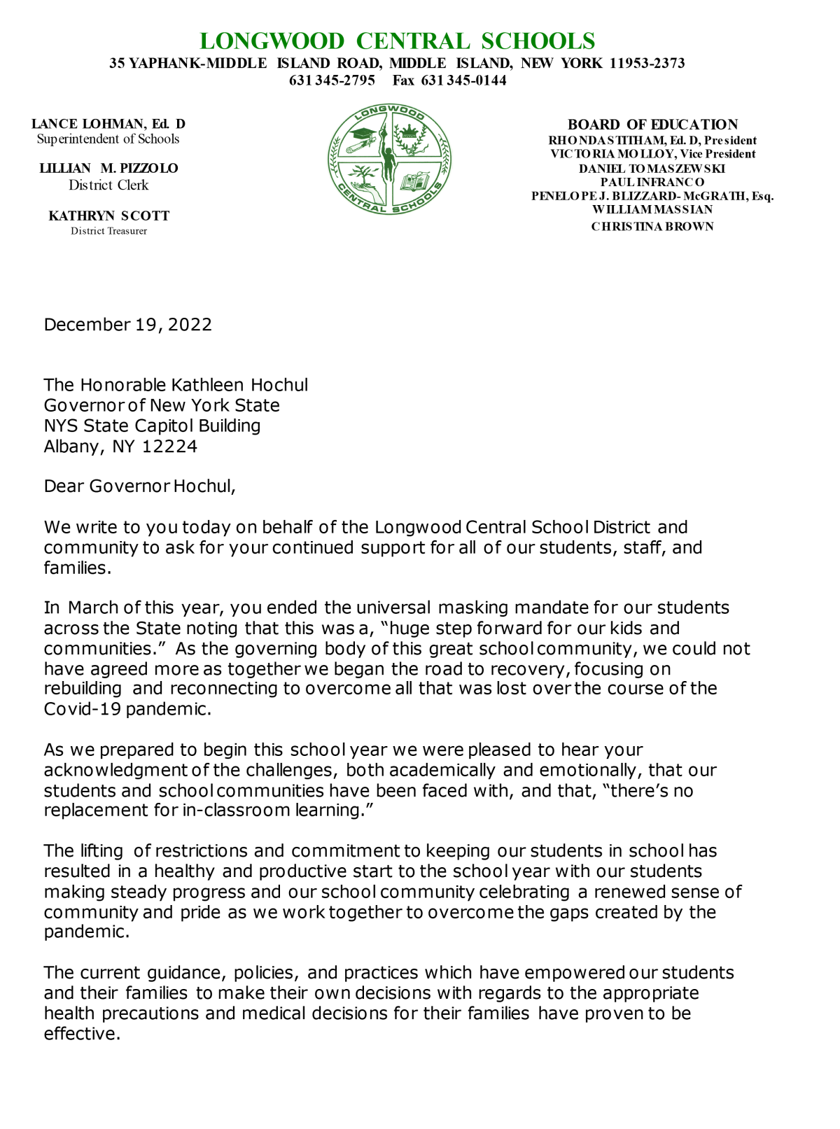 Letter to Governor Hochul on behalf of the Board of Education and ...