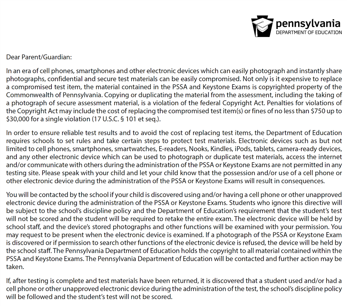 PA Keystone Exams Information | UDSD News Details