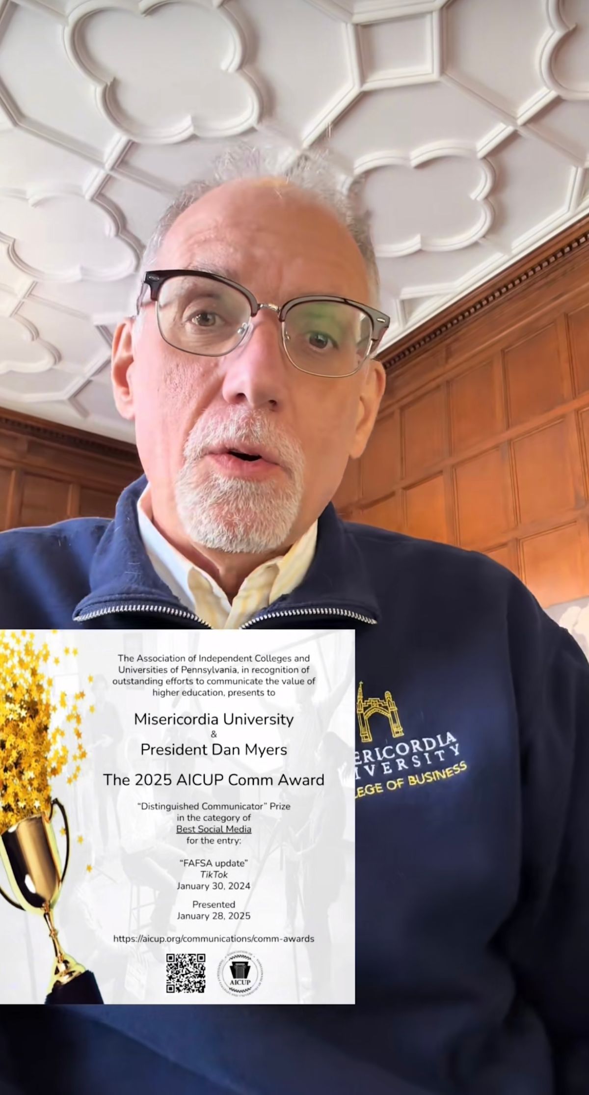 President Dan Myers and Misericordia University Recognized with 2025 AICUP Comm Award | News Details