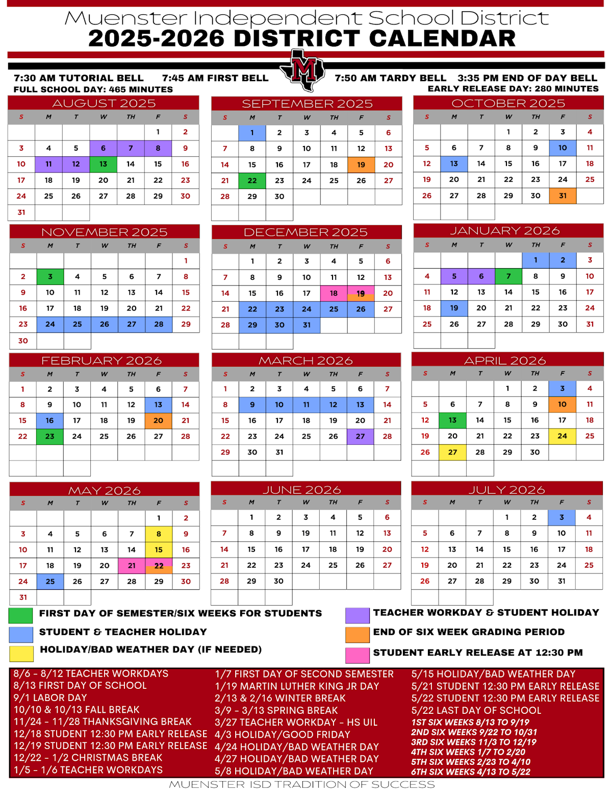 2025-2026 Muenster ISD District Calendar Approved by MISD School Board ...