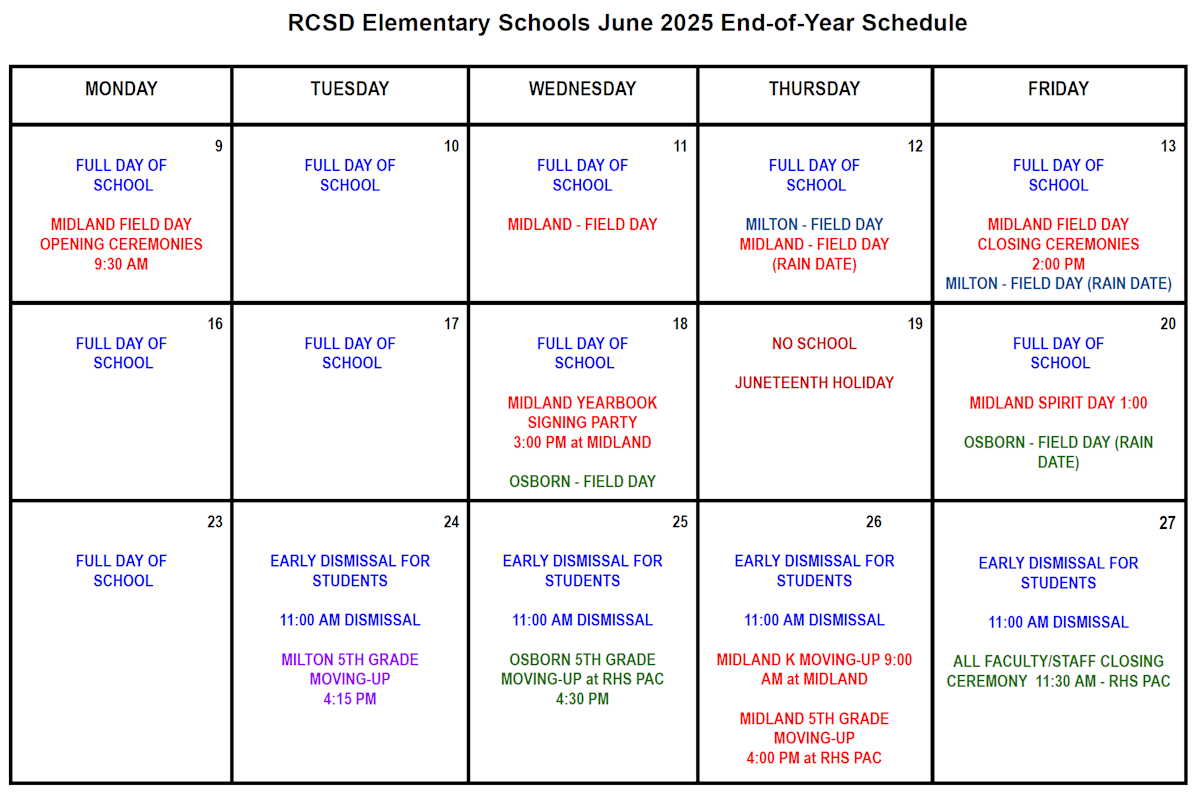 RCSD Elementary Schools June 2025 End-of-Year Schedule | Posts Details