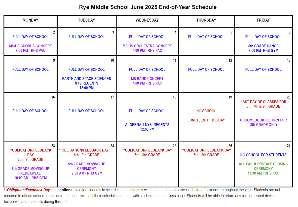 Rye Middle School June 2025 End-of-Year Schedule | Posts Details