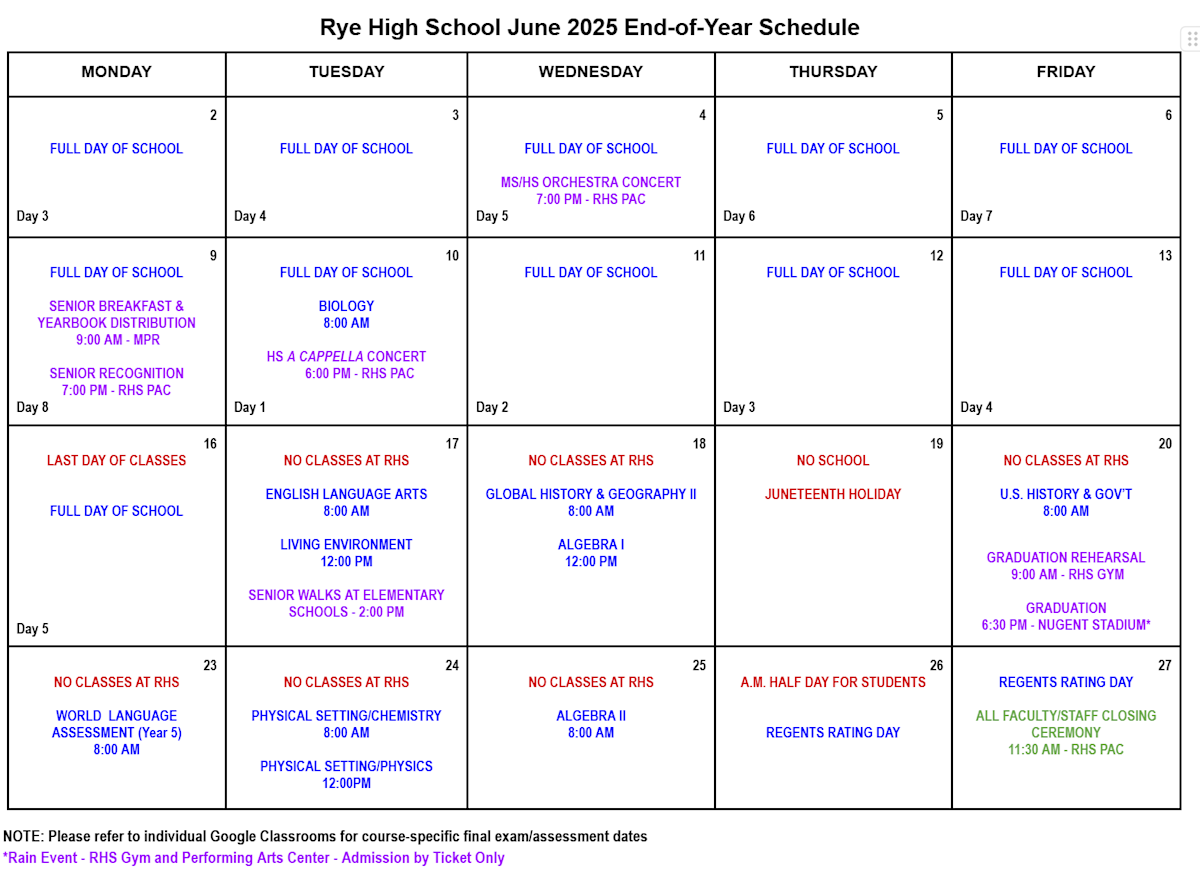 Rye High School June 2025 End-of-Year Schedule | Posts Details