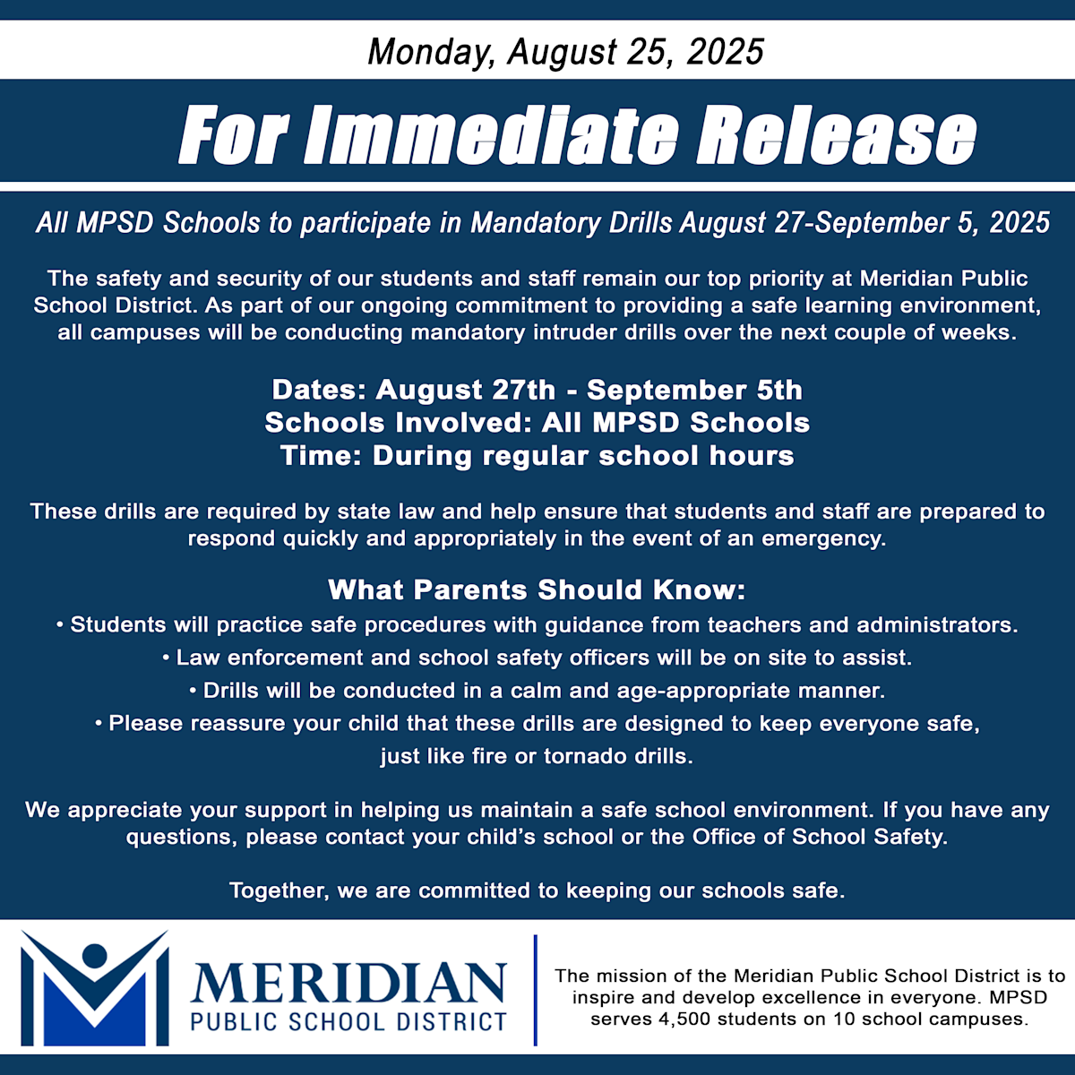 All MPSD Schools to participate in Mandatory Drills August 27-September ...