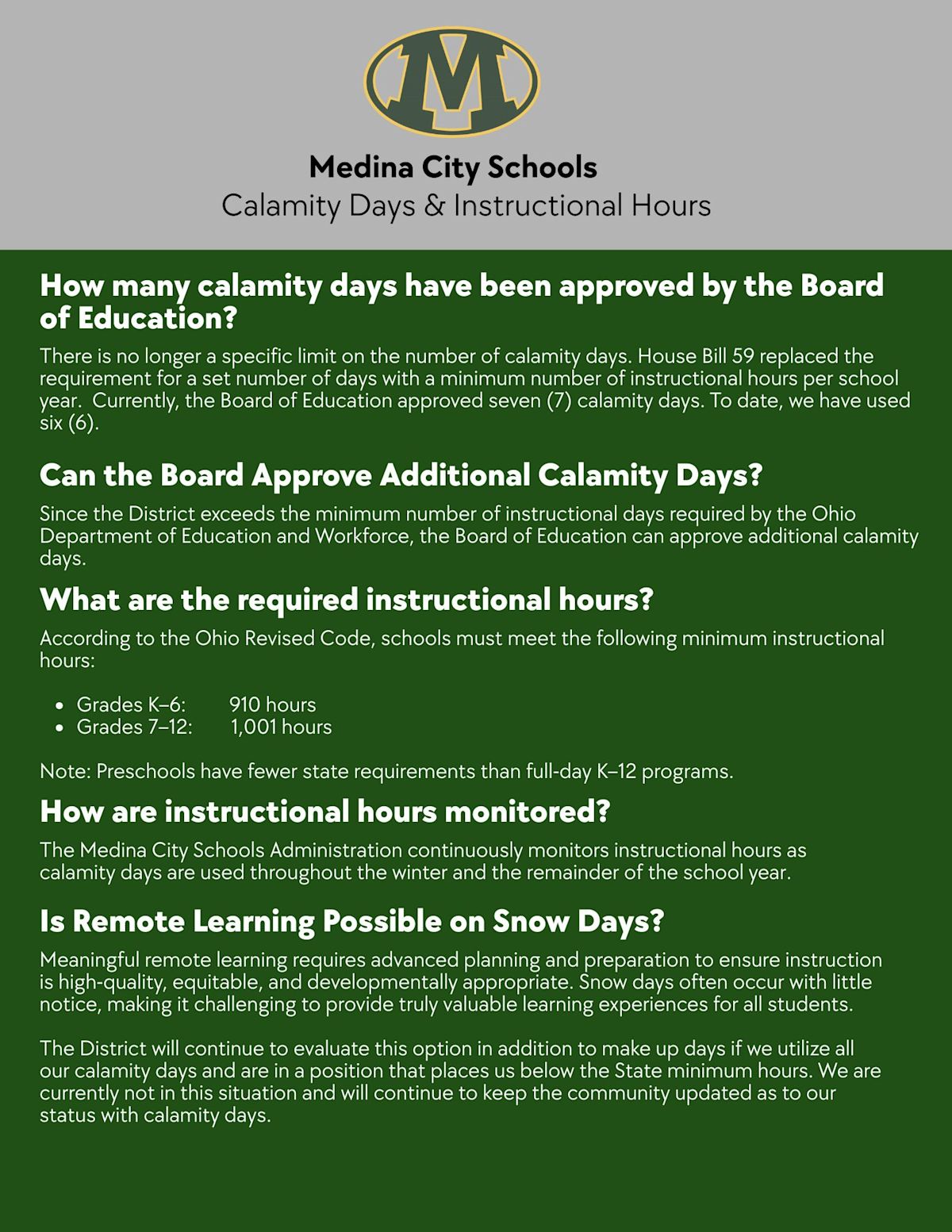 Medina City Schools Calamity Days and Instructional Hours | New Details