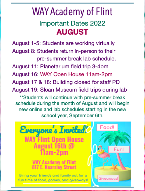 Way Academy of Flint Important Dates 2022: August | News Details