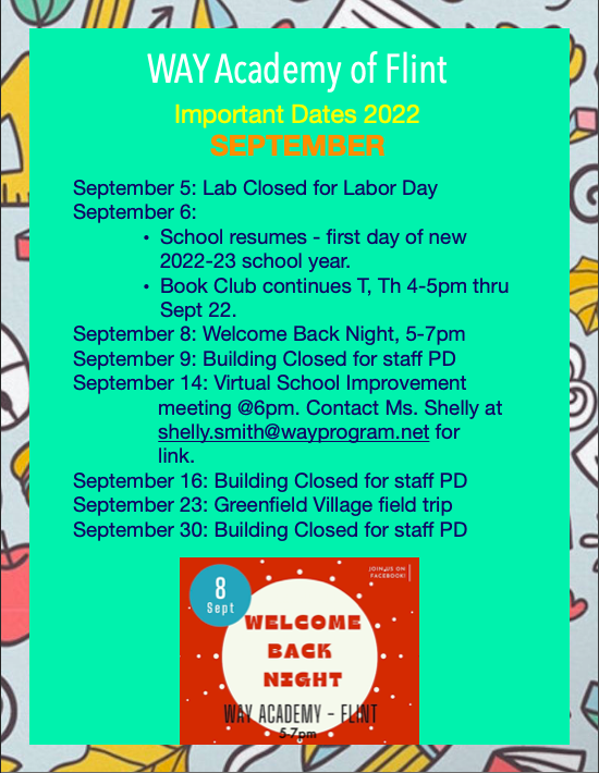 Way Academy of Flint: Important Dates September 2022 | News Details