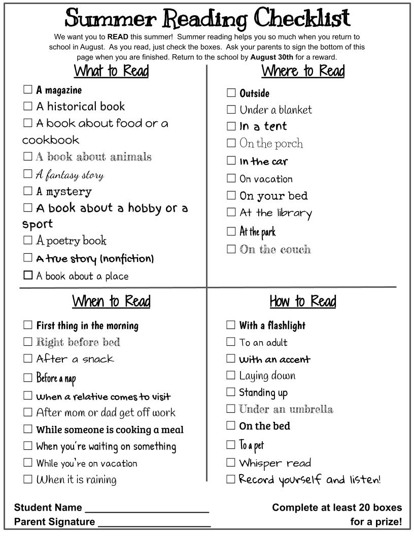 Summer Reading Checklist | Details