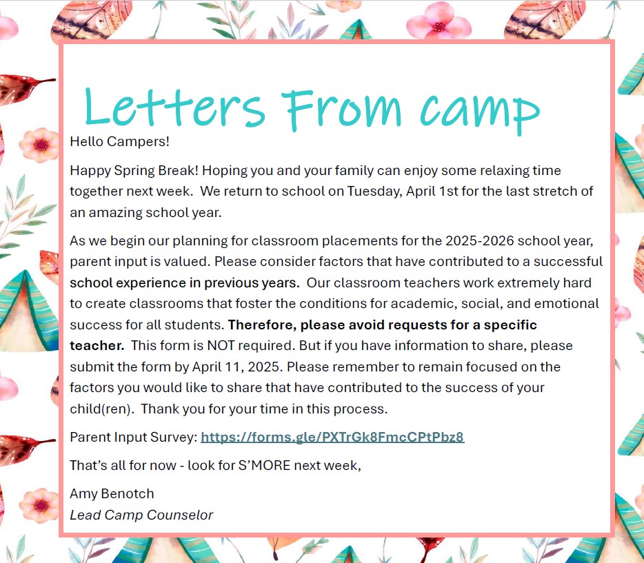 March 21: Letter from Camp We B.E.! | News Details