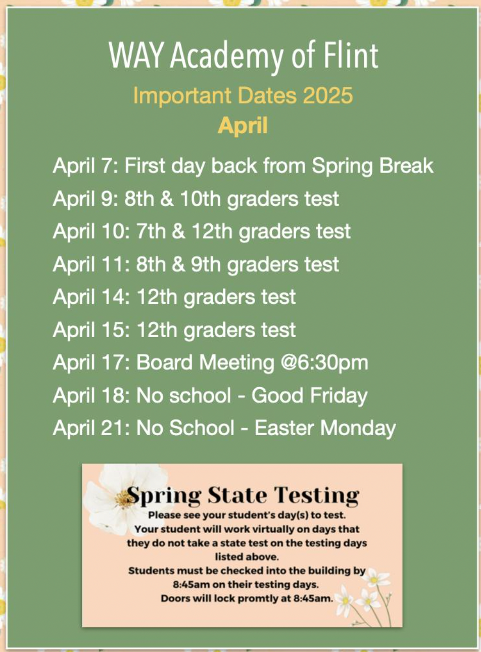 Way Academy of Flint April Important Dates | News Details