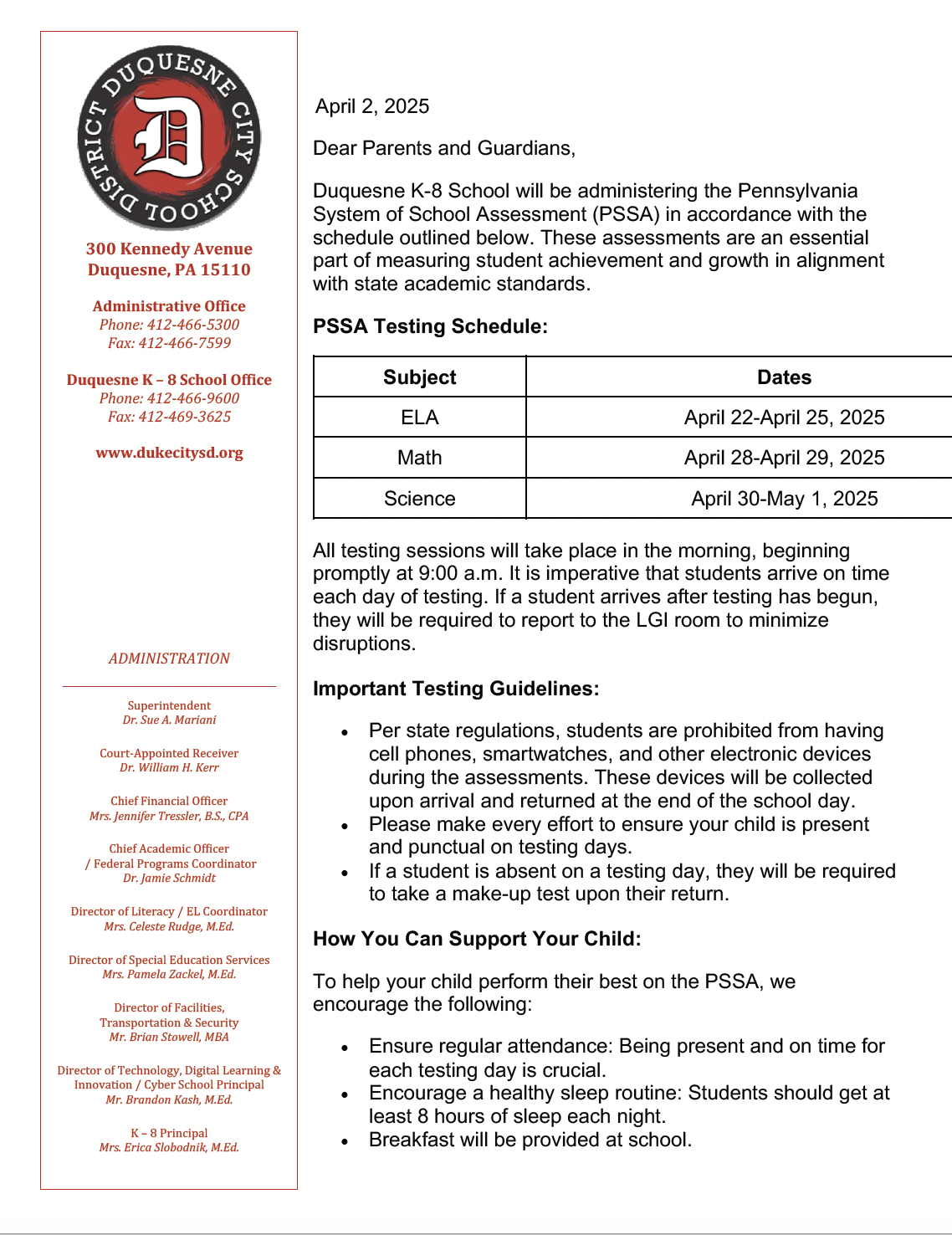 PSSA Parent Letter | News Details