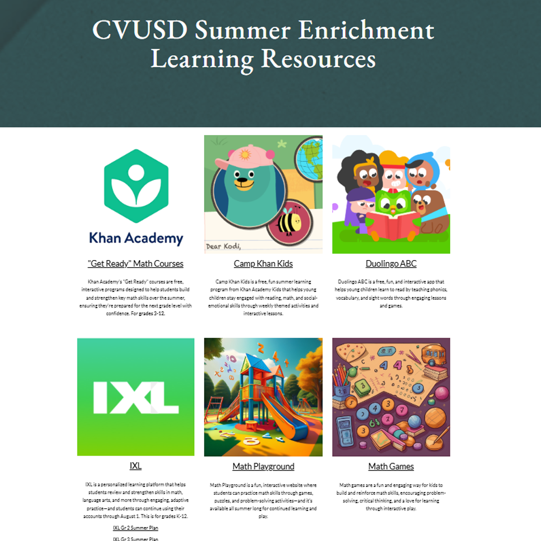 CVUSD Summer Enrichment Learning Resources | News Details - CVUSD