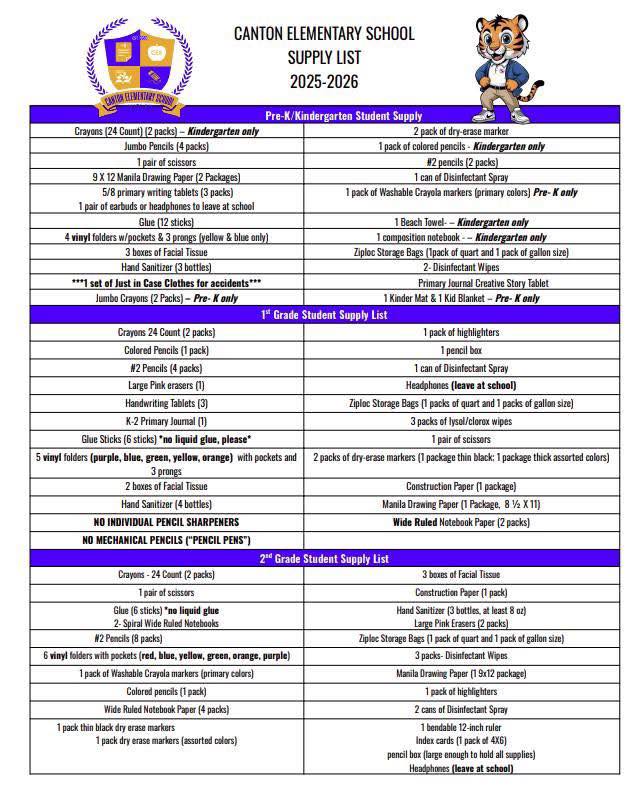 CANTON PUBLIC SCHOOLS 2025-2026 SCHOOL SUPPLY LISTS | Post Details